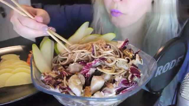 Saurus sister eats a bowl of pasta, with pears and walnuts inside ...