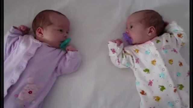 Twin babies are really cute, sucking pacifiers in their mouths, and ...